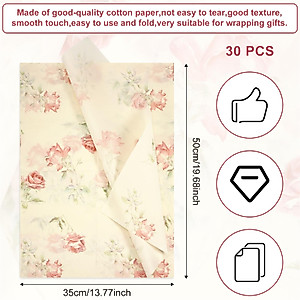 30pcs Rose Tissue Paper, 14x20 Inch Packaging Tissue Paper Gift Wrap Paper Retro Rose Tissue Paper Sheets for Gift Bag Packaging Wedding Birthday Party