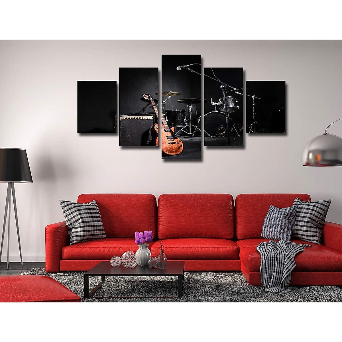 Modern Musical Instruments during Concert Canvas Prints Wall Art Large Black and White Poster with Frame Bedroom Decor Rock Picture Guitar Painting Artwork Decoration Ready to Hang(60''Wx32''H)