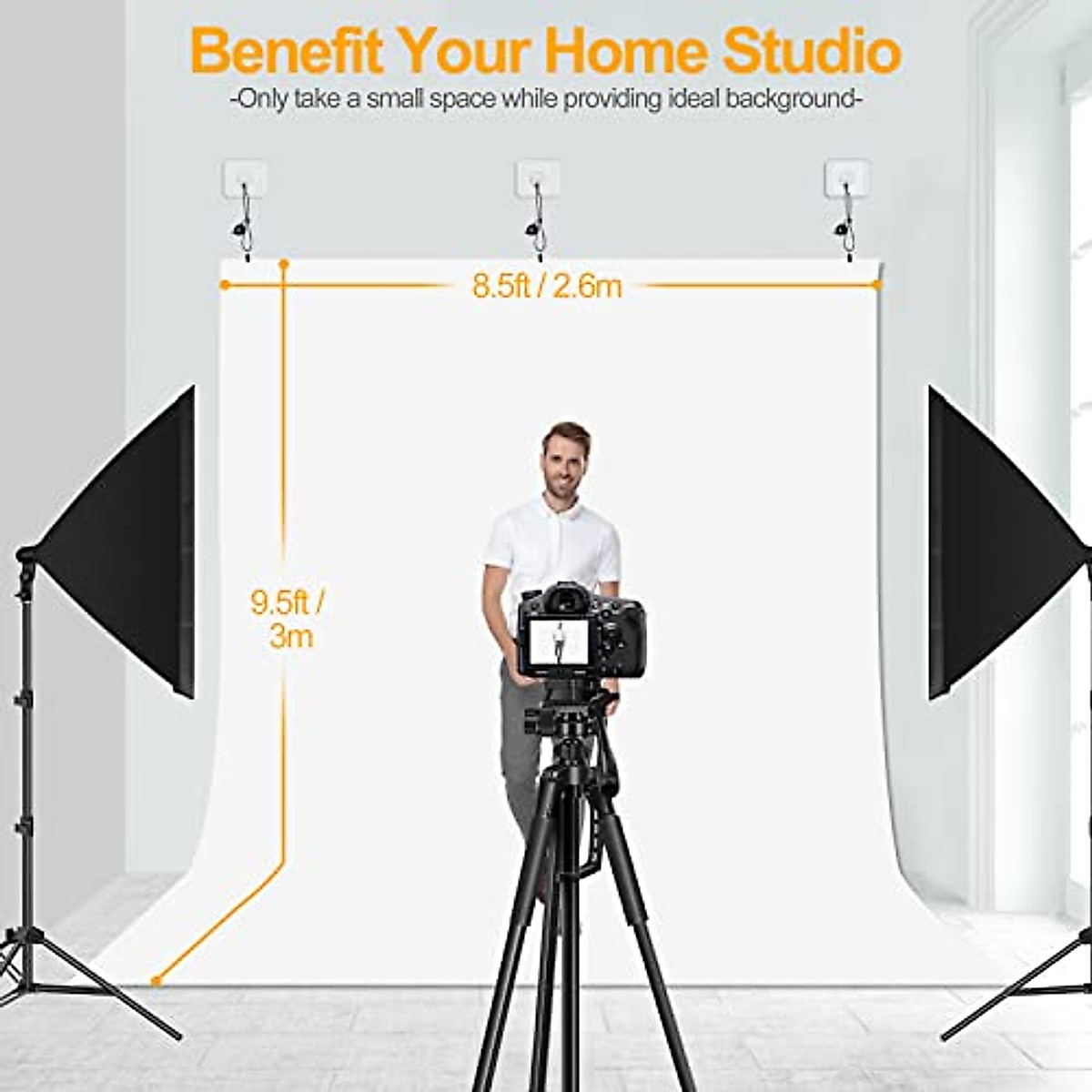 EMART 8.5X10FT White Backdrop Background for Photography, Pure Polyester Backdrop, White Screen Sheet for Photoshoot Background, Photo Booth Studio, YouTube Video, Party Curtain - Wall Mounted