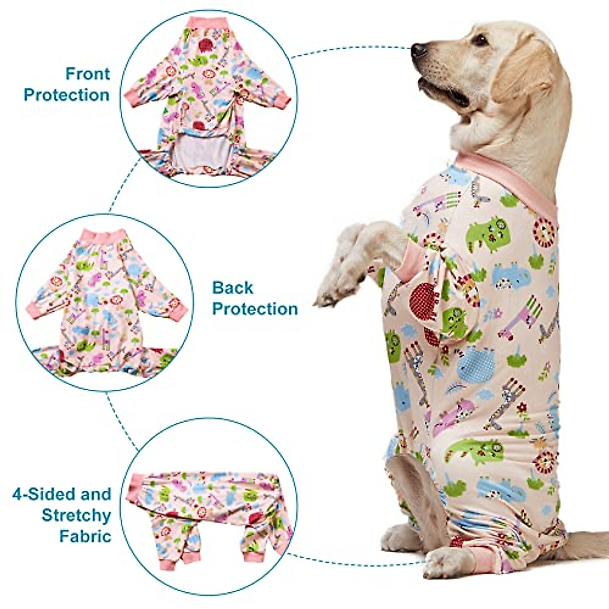 LovinPet Large Dog Clothes: Pajamas for Large Dogs, Slim Fit/Lightweight Pullover Dog PJ's, Full Coverage/Animals Allover Pink Print/Pet Pajamas/XL