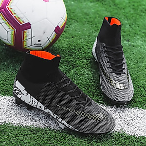 JIEBUNIAO Men's Soccer Shoes Professional Spikes Hightop Football Boots Boy Youth Competition/Training/Athletic Sneaker Black 9.5