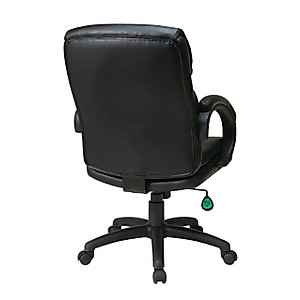 Office Star EC Series Executive Bonded Leather High Back Adjustable Office Chair with Thick Padded Contour Seat and Padded C Armrests, Black