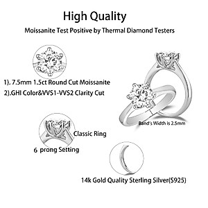 DovEggs Sterling Silver 1.5ct 3mm Band Width 7.5mm G-H-I Color Moissanite Engagement Rings for Women (7.5)