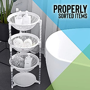 Uncluttered Designs Stacking Basket Bins (3 Tier + Plate) — Display for Fruit, Potato, Onion & Produce — Crafts, Art Supplies & Housewares Organizer — Bedroom & Bathroom Organization & Storage (White)