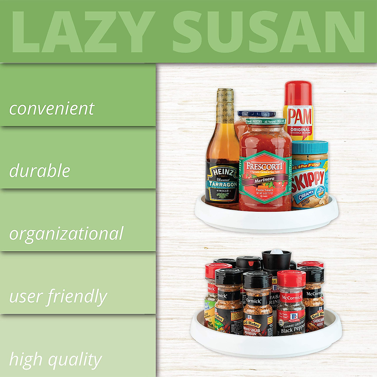 Homeries Lazy Susan Turntable (12 Inches) - Single Round Rotating Kitchen Spice Organizer for Cabinets, Pantry, Bathroom, Refrigerator - Non-Skid Surface & Rimmed Edge 2 Pack