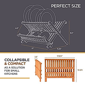 Collapsible Dish Drying Rack - Bamboo 2-Tier Dish Drainer Kitchen Plate Rack for Kitchen Countertop - Foldable & Compact for Space-Saving Storage