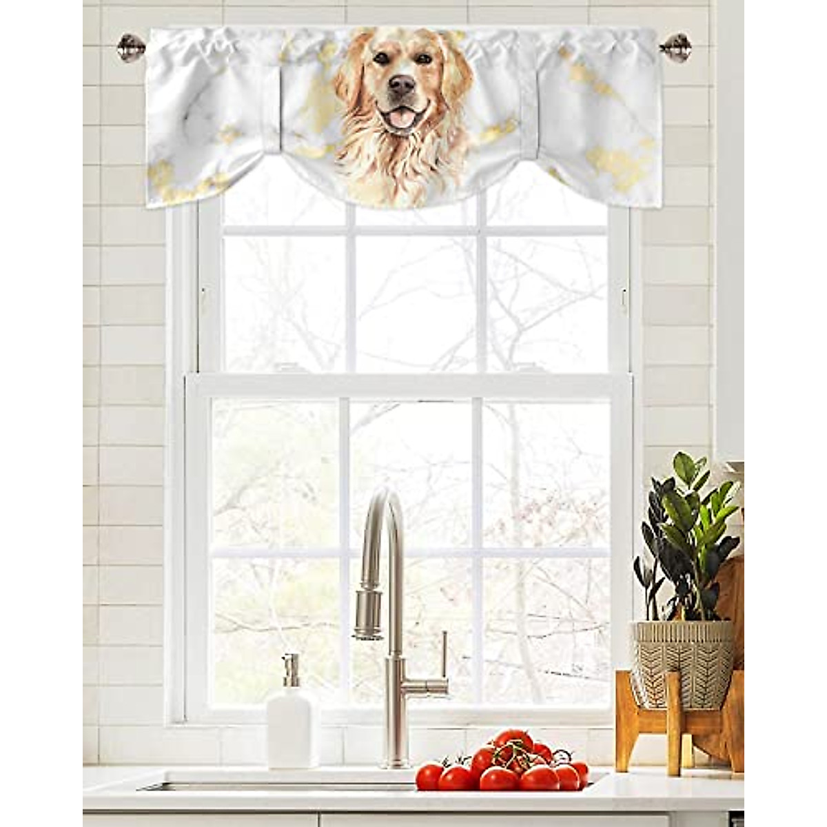 Tie Up Valance for Kitchen,Pet Dog White Marble Gold Inlay Adjustable Valances Rod Pocket Short Curtain,Watercolor Golden Retriever Abstract Art Back Tie Up Curtains Valance for Bedroom 60x18in