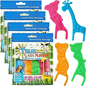 Kids Flossers 4 Pack (200 Total), Kids Floss Picks, Flossers Kids, Floss for Kids, Cute Animal Shapes, Glides Easy Between Teeth, Flosser Helps Prevent Tooth Decay & Gum Disease, Bubble Gum Flavored