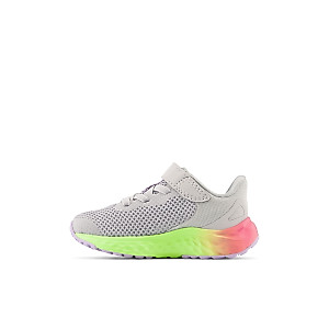 New Balance Girls Fresh Foam Arishi V4 Hook and Loop Running Shoe, Light Aluminum/Cyber Lilac/Neon Pink, 2 Little Kid