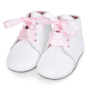 BabyShoe Personalized Baby Girl Christening Shoes – Baptism Gender Reveal Soft Newborn Pink Lace Up with Hand Embossed Name & Date - Special Occasion Church Shoes - Great for Gifts