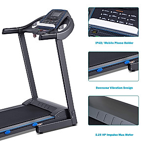 GYMAX Folding Treadmill, Electric Motorized Running Walking Machine with Heart Rate Sensor & LED Touch Display, 2.25HP Silent Treadmill for Home/Gym (Black+Blue)