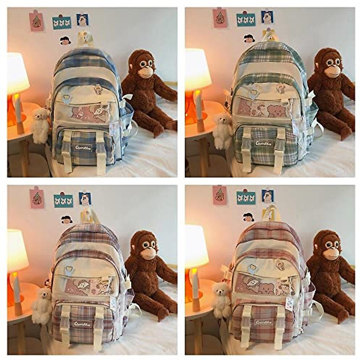 Aoakva Kawaii Plaid Backpack Purple Trendy Travel Bag with Free Cute Bear Pendant (Plaid purple), Regular