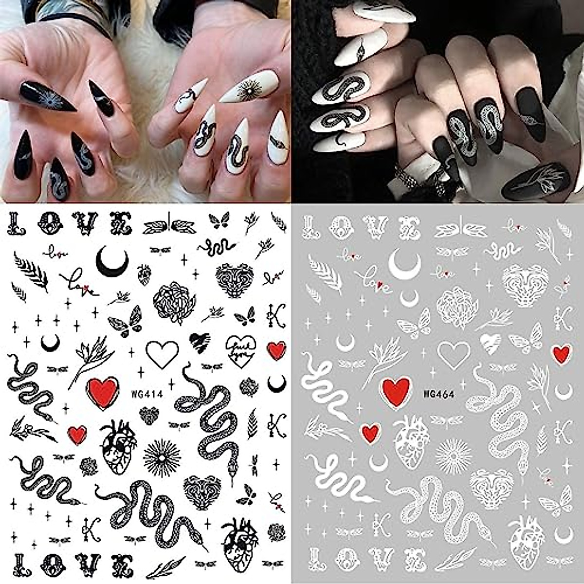 YOSOMK 9 Sheets Halloween Nail Art Stickers Decals Gothic Snake Skeleton Nail Decals 3D Self-Adhesive Nail Art Supplies Letter Heart Sun Moon Design Nail Accessories for Women Manicure Decorations.…