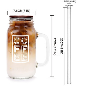 ANOTION Mason Jar Iced Coffee Cup with Handle, 24oz Regular Mouth Mason Jars with Lid and Straw Glass Coffee Drinking Glasses Tumbler Reusable Cups Bottles for Travel Office Home