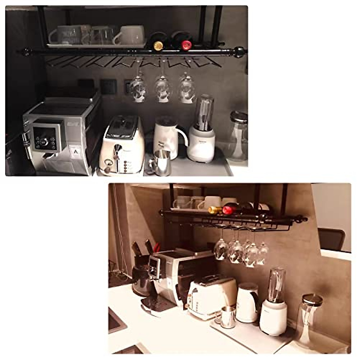 Wine Glass Holder, Ceiling Wine Rack, Wine Glass Rack, Rustic Industrial Wine Racks Wall Mounted with 8 Stem Glass Holder, 2-Tiers Wall Mount Bottle Holder Glass Rack, for Bars Restaurants Kitchens