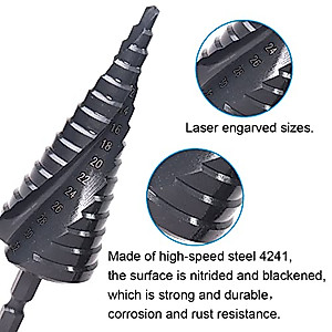 LWCUSNJ 4 Piece Step Drill Bit Set and Automatic Center Punch, HSS Nitriding Black Spiral Fluted Drill Bits for Hardened Metal, Stainless Steel, Wood, Plastic,6mm Hex Shank,Sizes 4-12mm/4-20mm/4-32mm