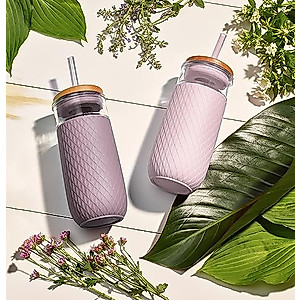 Ello Devon 18oz Glass Tumbler with Straw, Friction Fit Bamboo Wood Lid and Silicone Sleeve | Perfect for Iced Coffee, Tea, and Smoothies | Mauve