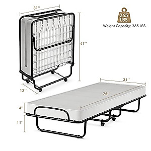 KOMFOTT Rollaway Folding Bed with 4" Mattress, Foldable Rollaway Bed with Memory Foam Mattress for Adults, Portable Fold Up Guest Bed with Sturdy Steel Frame on Wheels for Home & Office, Made in Italy