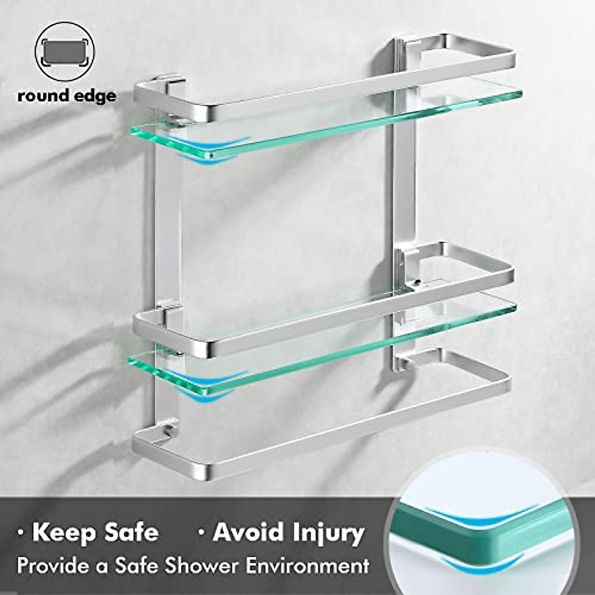 KES Bathroom Tempered Glass Shelf 2 Tier Storage Glass Shelf Rectangular with Bar Wall Mounted Sand Sprayed Anodized Aluminum Finish, A4127B