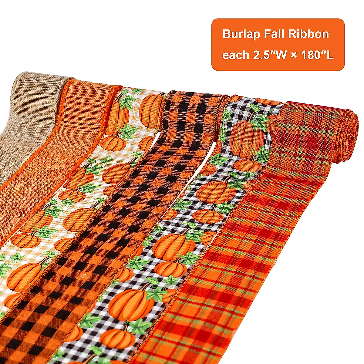 6 Rolls 30 Yards Fall Burlap Ribbon, 2.5″W Buffalo Plaid Wired Edge Ribbon with Pumpkin Pattern Thanksgiving Theme Craft Ribbon Rustic Autumn Harvest Ribbon for Wrapping Gifts Making Wreath Bow