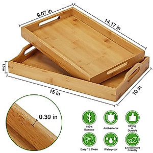 AMONE Serving Tray with Handles，Bamboo Wooden Tray Great for Dinner Trays, Tea Tray, Bar Tray, Breakfast Tray, or Any Food Tray - Good for Parties and Outdoors (2Pack)