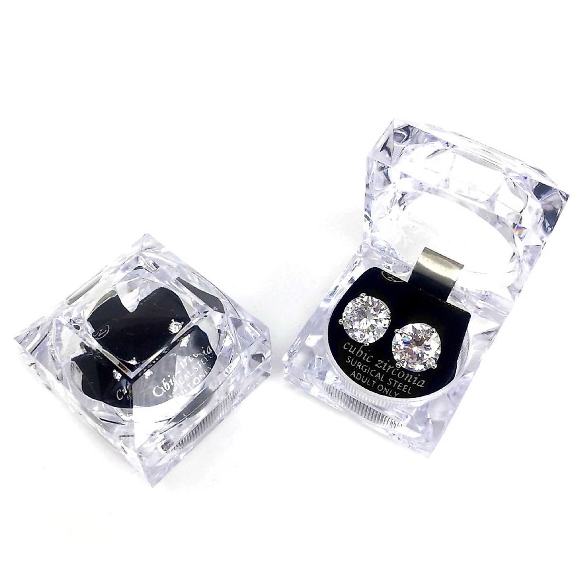 Stainless Steel Round Cut Cubic Zirconia Stud Earrings With Clear Case - Gold, Silver (3mm~12mm)