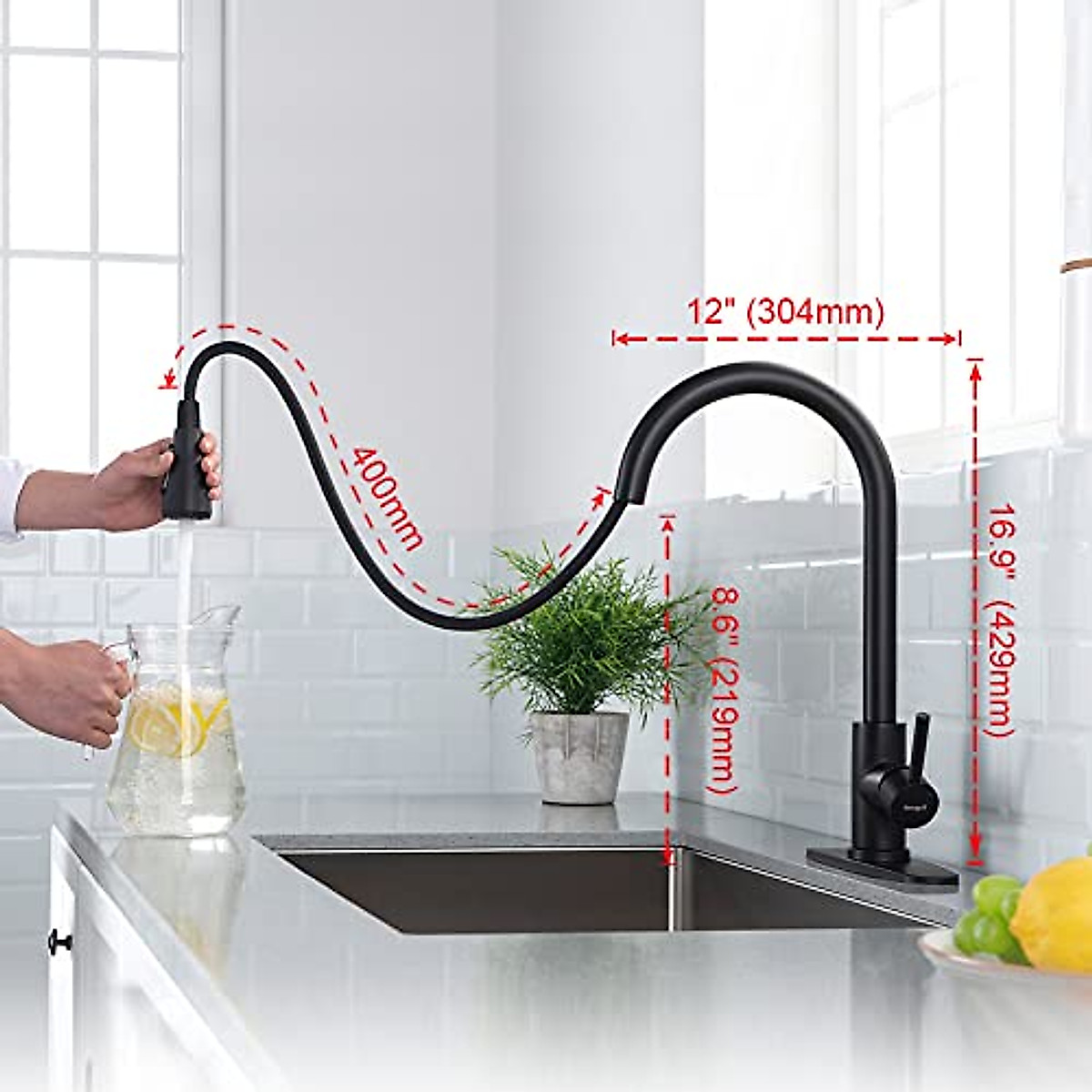 Ibergrif Kitchen Faucets, Matte Black Kitchen Faucet with Pull Down Sprayer, High Arc Single Handle Stainless Steel Sink Faucets, Kitchen Sink Faucets for Farmhouse, Camper, Laundry, Rv, Wet Bar