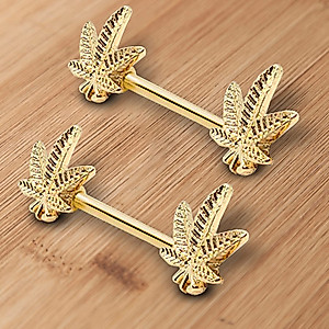 Pierce2GO 2 Pcs 14G Gold Marijuana Leaf Nipplerings Piercing Women Nipple Rings - 9/16" Barbell (Gold)