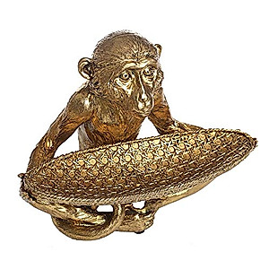 JJ Gifts Cute Monkey Statue Holding a Woven Basket in his Lap. Resin Tray Bowl Dish Home Decoration Organizer with Gold Finish for Potpourri Fruit Snacks Keys Jewelry