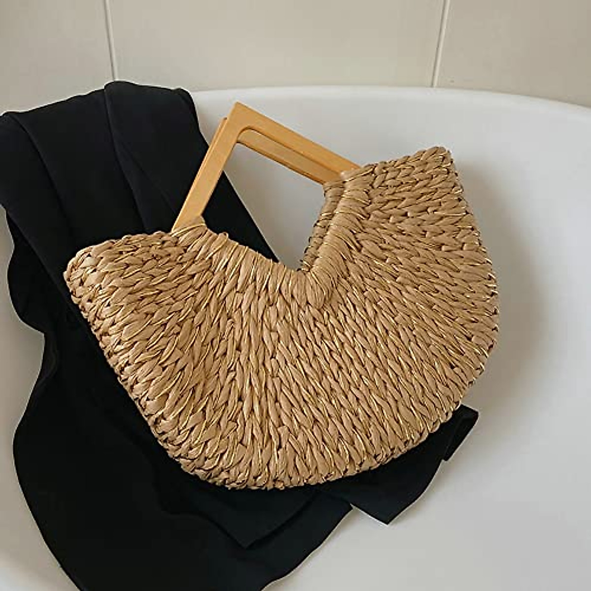 Tellrain Straw Bags for Women Semi Round Large Tote Purse Casual Summer Vocation Straw Handbag Woven Tote