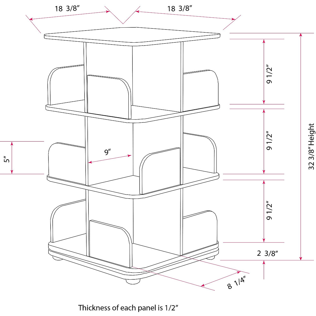 KB Designs - 3-Tier 360° Rotating Revolving Tower Bookcase Display Unit, Black