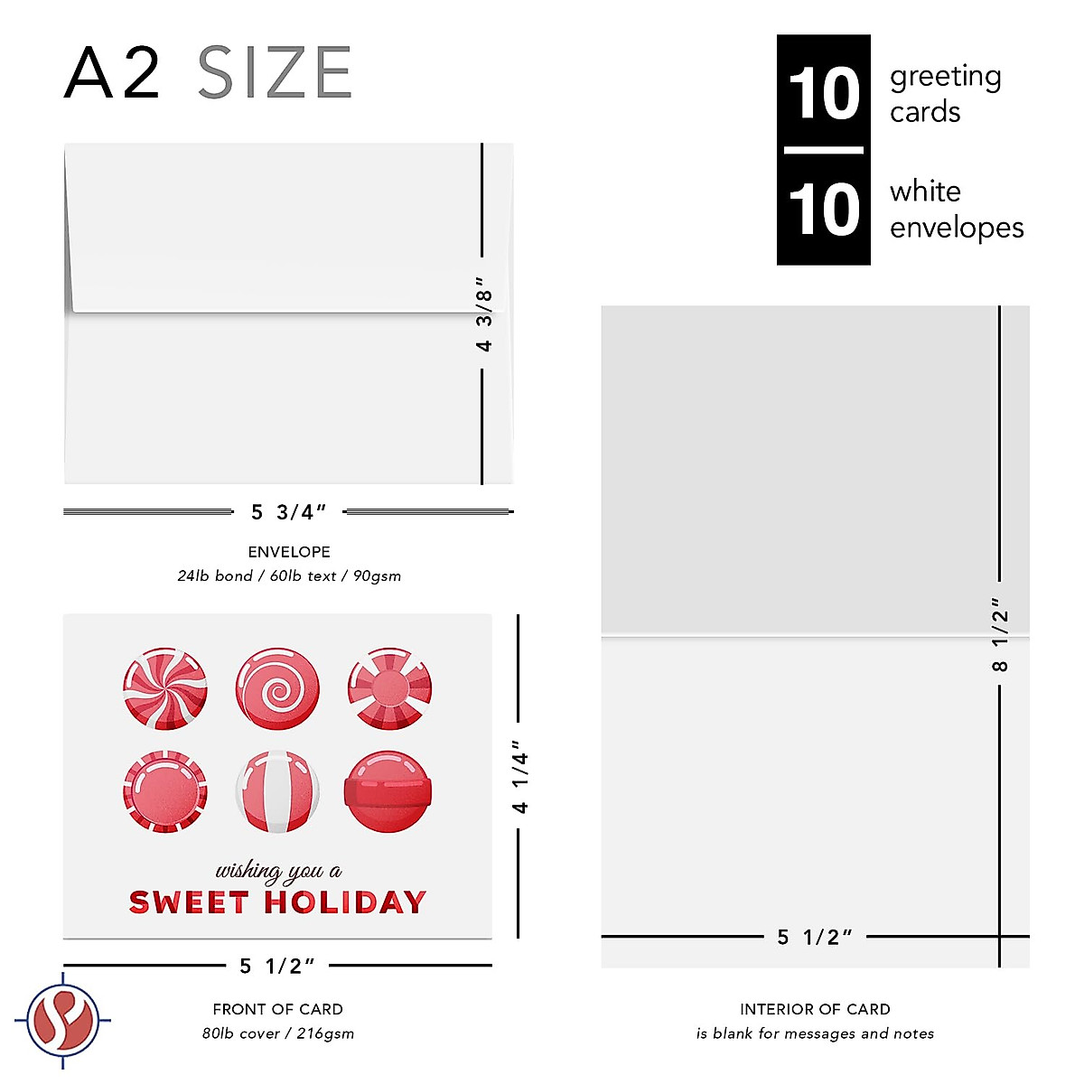 2025 Wishing You A Sweet Holiday! Greeting Cards – Red and White Old-Fashioned Christmas Xmas Candies – Greetings, Invitations, Thank You's, Gifts – 10 per Pack, Envelopes Included – 4.25 x 5.5”