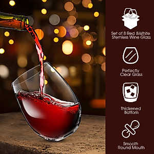 Set of 8 Stemless Wine Glasses 17 Oz, Red or White Wine Clear Glasses, Crystal Drinking Glasses for Wedding Anniversary Birthday Graduation Party Gifts