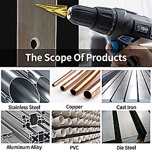 BAYTORY HSS Step Drill Bit Set, 6Pcs Hex Shank Coated Step Drill Bits Set, 4-12/20 / 32mm Large Titanium HSS Step Cone Drill Bit (Spiral 6-Piece Set)