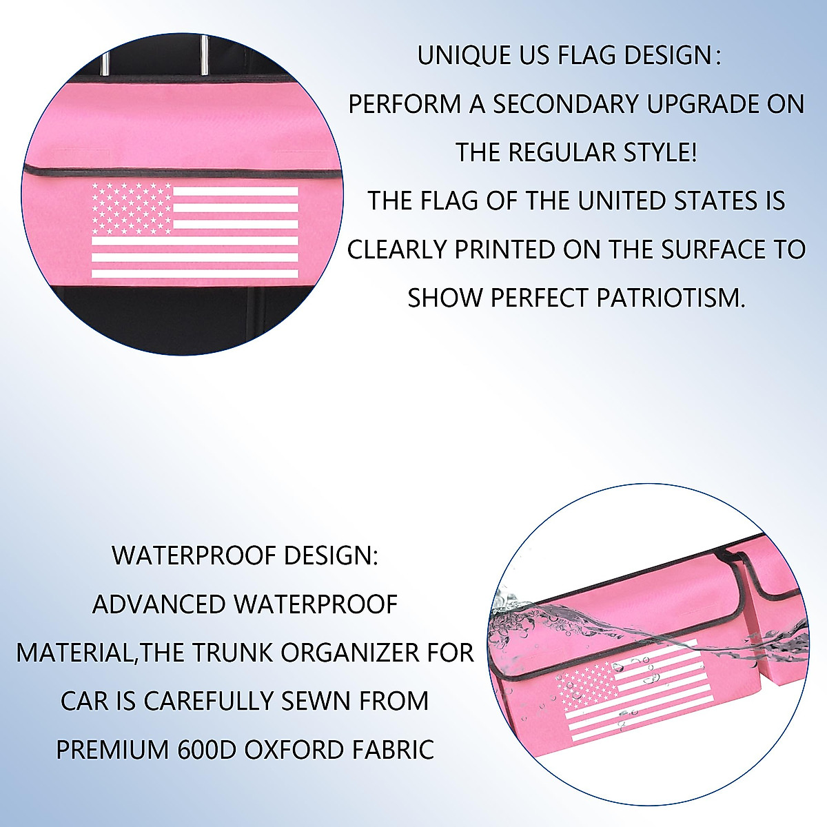 Salior Trunk Organizer for Car,Unique US Flag Backseat Car Organizer with 4 Large Capacity Pocket,Waterproof Car Trunk Storage Organizer Hanging on Car Truck SUV MPV Rear Seat (Pink)