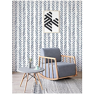 HAOKHOME Boho Peel and Stick Wallpaper Stripe Removable Navy/White Chevron Vinyl Contact Paper Mural for Home Decor 17.7in x 9.8ft