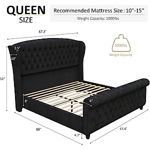 AMERLIFE Queen Size Platform Bed Frame, Velvet Upholstered Sleigh Bed with Scroll Wingback Headboard Footboard/Button Tufted/No Box Spring Required/Easy Assembly/Black