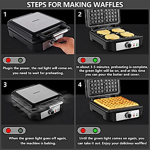 MONXOOK Belgian Waffle Maker, 4-Slice Non-Stick Square Waffle Maker, Anti-Overflow Waffle Iron with Browning Knob, Indicator Lights, Compact Design, Recipes Included, 1200W, Silver/Black