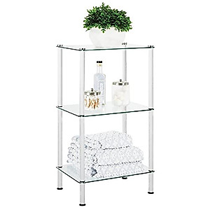 mDesign Metal/Glass 3-Tier Storage Tower, Narrow Shelving Display Unit, Open Glass Shelves; Multi-Use Stand for Living Room, Bathroom, Home Office, Hallway, Bedroom Organization - White/Clear
