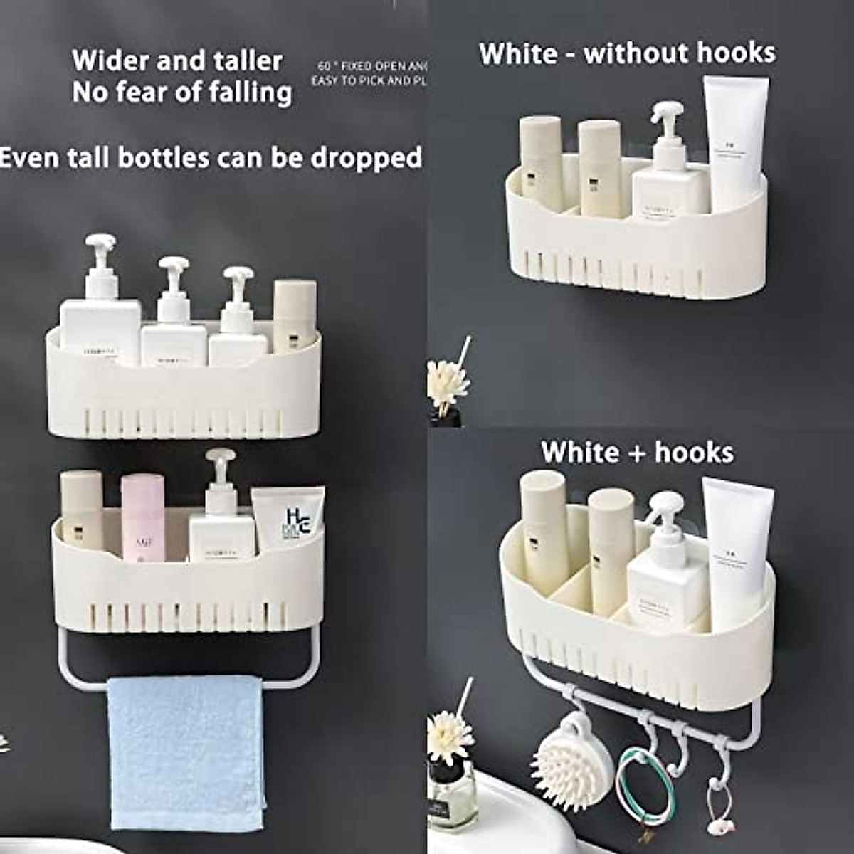 Bathroom Shower Basket Wall Mounted Shower Caddy Shelf with Hooks, No Drilling Removable Bathroom Shelf Organizer for Shampoo, Body Wash, Conditioner, Plastic Shower Rack for Kitchen & Bathroom