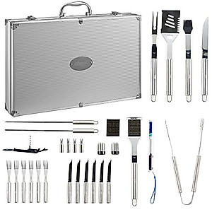 30 Piece BBQ Grilling Gift Set - Professional Grade Stainless Steel Barbecue Grill Tool Set with Aluminum Storage Case - Includes 4-in-1 Spatula Turner, Tongs and Many Other BBQ Grilling Accessories