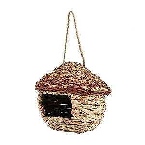 POPETPOP Hanging Bird House Handwoven Grass Bird Hut - Bird Nest for Parakeets Parrots Canary and Other Small Pets - Bird Cage Accessories - Size M