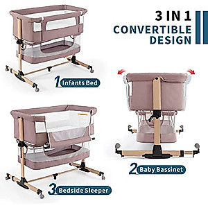 Ihoming Baby Bassinet Bedside Sleeper, 3 in 1 Convertible Design, lnfant Bed & Bed Side Sleeper & Cradle Bassinets, Newborn Bedside Crib Attaches to Bed, Khaki