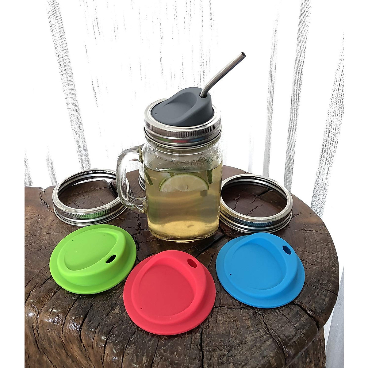 THINKCHANCES Reusable Food Grade and BPA Free Silicone Sip Coffee Juice Drinking Lid Kit with Stainless Steel Rings for Mason, Ball, Canning Jars, Pack of 4 Sets (Wide Mouth,Oval Drinking Hole)