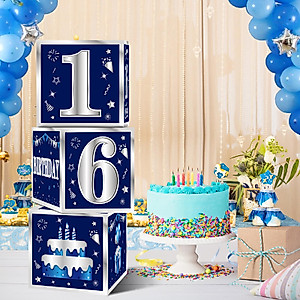 Turypaty 3 Packs Blue Silver 16th Birthday Decorations Boxes for Men Boys, Blue Navy Happy 16 Birthday Balloons Boxes Party Supplies, Sixteenth Years Old Bday Cardboard Box Decoration