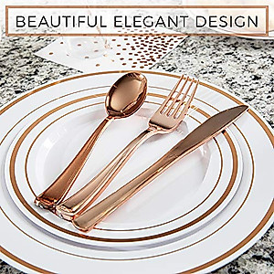 SIRSIMON 250 Piece Disposable Rose Gold Plastic Dinnerware Set - 50 Rose Gold Plastic Plates - 25 Rose Gold Plastic Silverware - 25 RoseGold Cups and Straws - 50 Fancy Napkins, Wedding or Party of 25