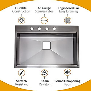 Strictly Sinks 33” Topmount Kitchen Workstation Sink-Gunmetal Black Single Bowl 16 Gauge Stainless Steel Drop In Sink, Acrylic Cutting Board,Cutting Board with Strainer Bowl & Bottom Protector Grid