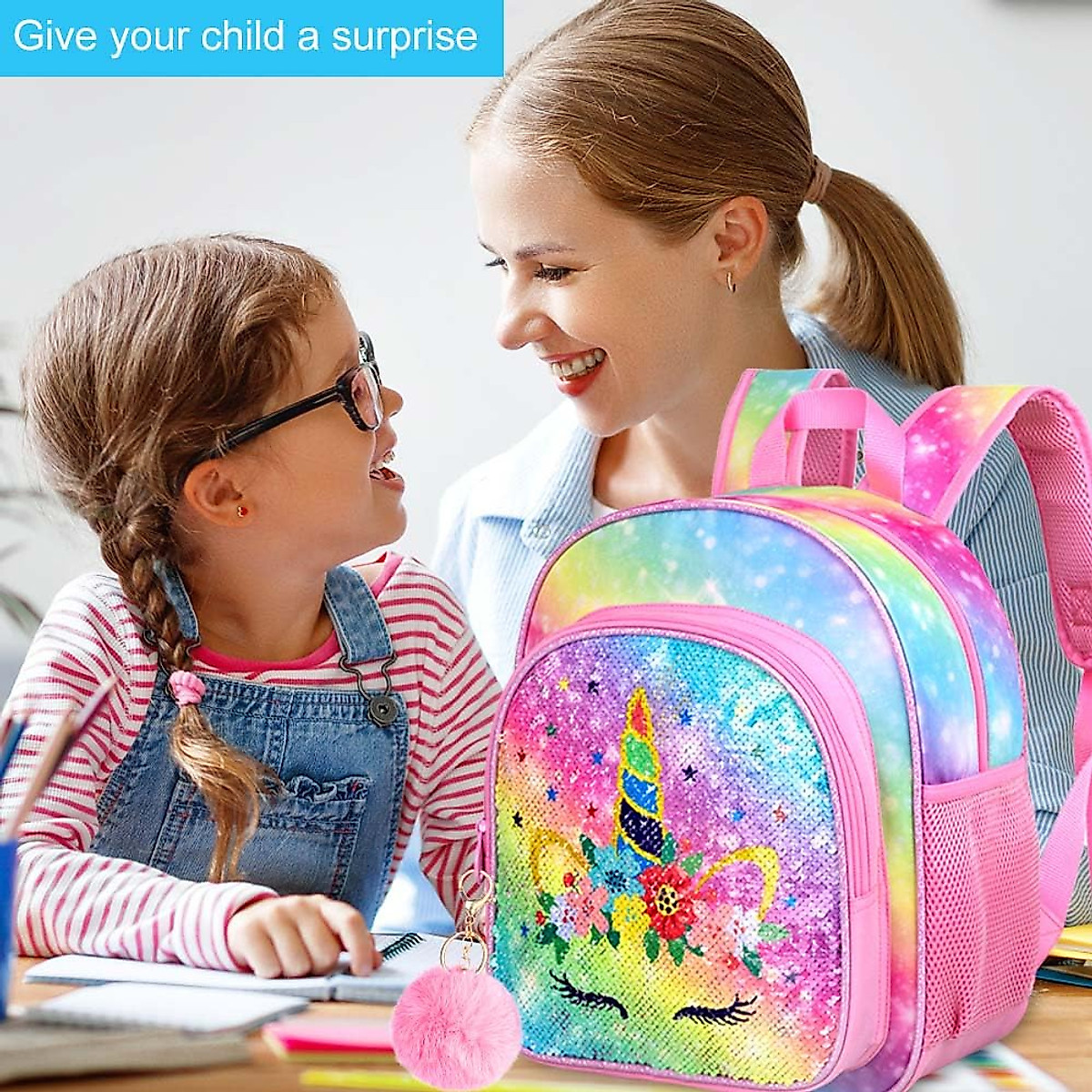 WZLVO Toddler Backpack for Girls, 12" Cute Unicorn Preschool Sequin Bookbag, Kindergarden School bag for little Kids