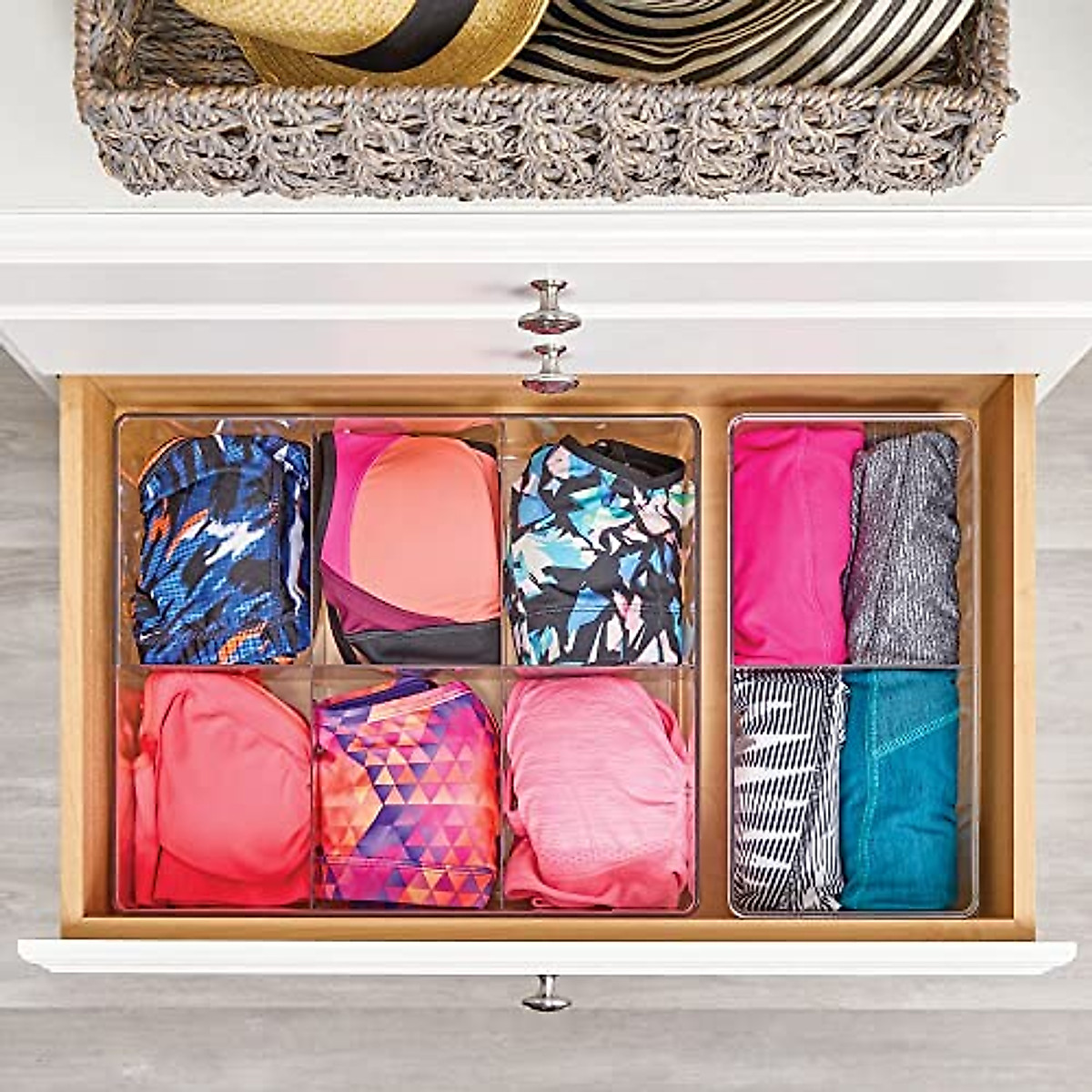 mDesign Plastic 2 Compartment Divided Drawer and Closet Storage Bin - Organizer for Scarves, Socks, Bras, and Underwear - Dress Drawer Organizer, Shelf Organization - 6 Pack - Clear