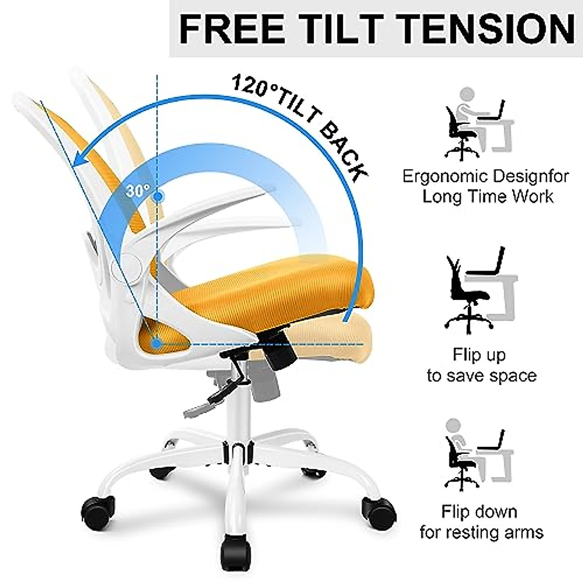Primy Office Chair Ergonomic Desk Chair with Adjustable Lumbar Support and Height, Swivel Breathable Desk Mesh Computer Chair with Flip up Armrests for Conference Room（Yellow）